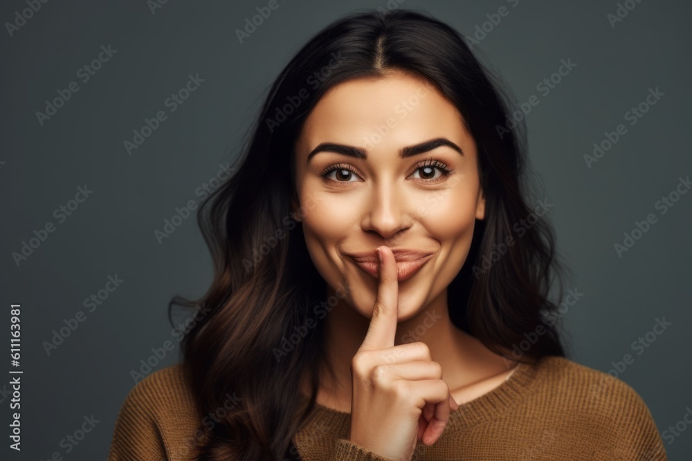 Close-up portrait photography of a happy girl in her 30s making a shhh ...