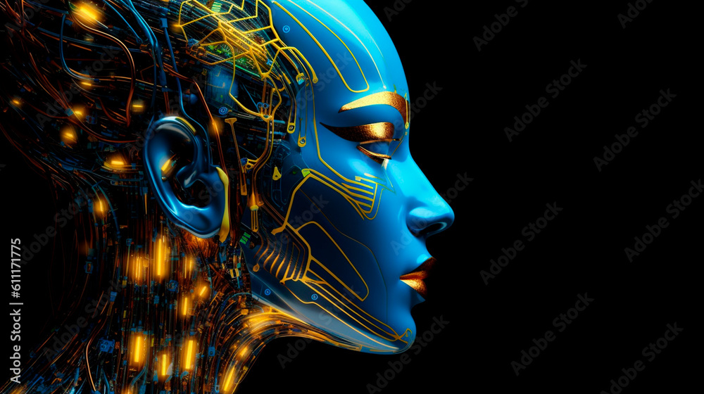 Side view of a humanoid head with blue and yellow eyes and vibrant neon ...