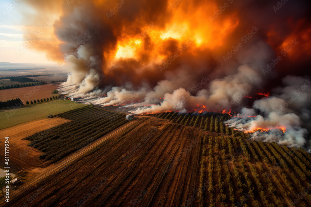 Hot fire burning crops and harvests, a natural disaster. environment ...