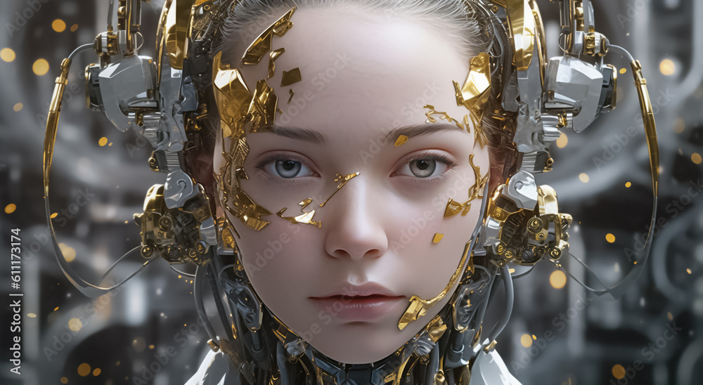 The face of a futuristic android woman with a bright blue eye and a ...