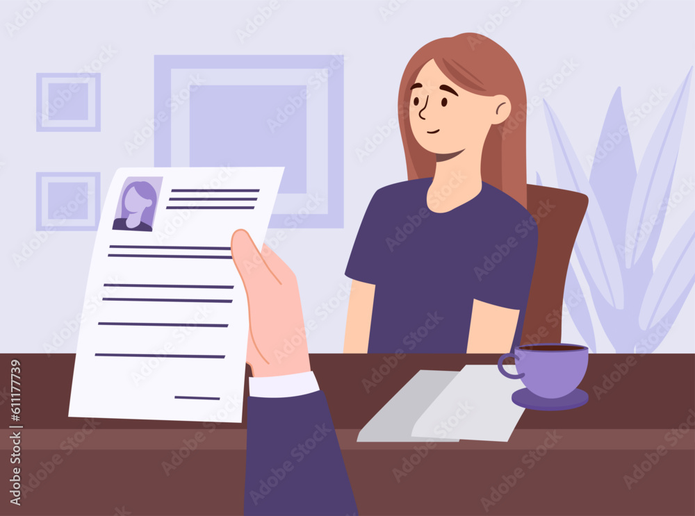 Girl have interview job concept. Employer holding resume of young girl ...