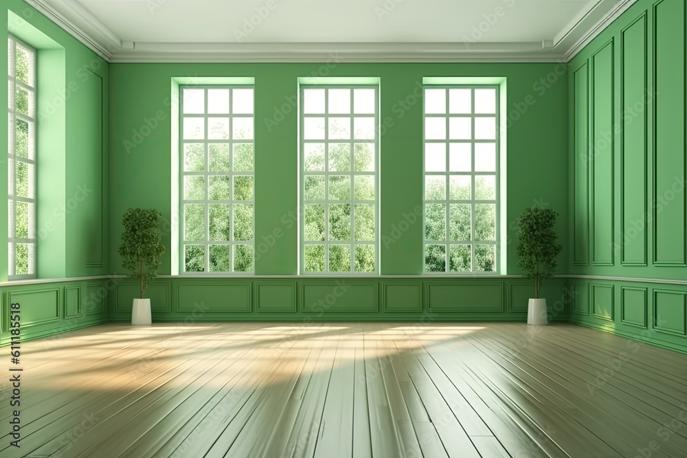 Interior with walls painted in a shade of green, a sizable window on ...