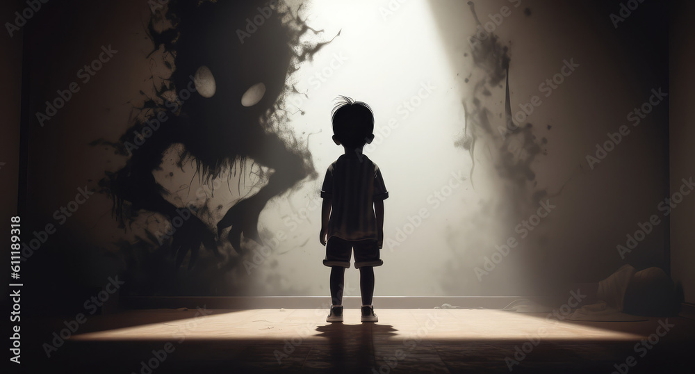 kid facing scary shadow of bad person in the shadow, nightmare ...