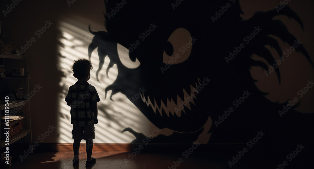 kid facing scary shadow of bad person in the shadow, nightmare ...