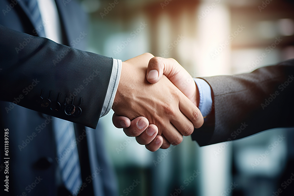 Businessman in formal suit making handshake with partner outdoors ...