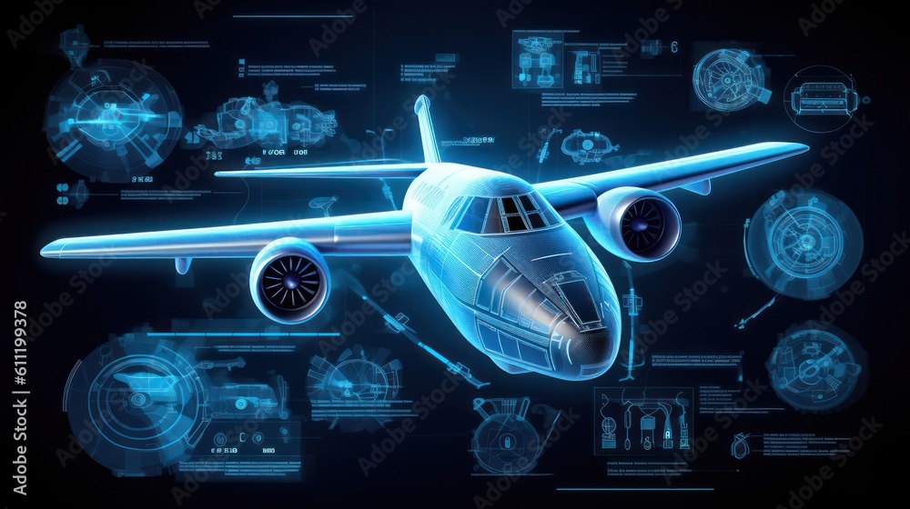 AI generated 3d image of the airplane hologram with a HUD elements ...