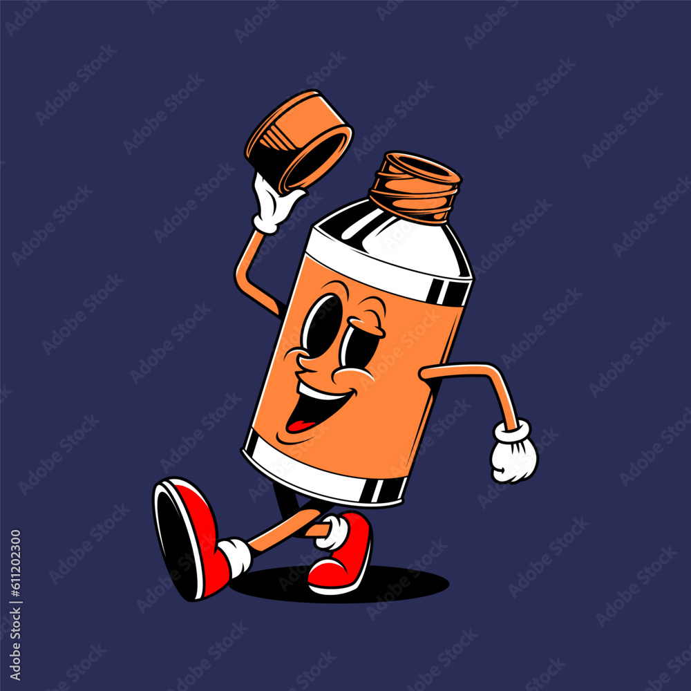 Cute vector illustration of retro walking bottle. Vintage mascot ...
