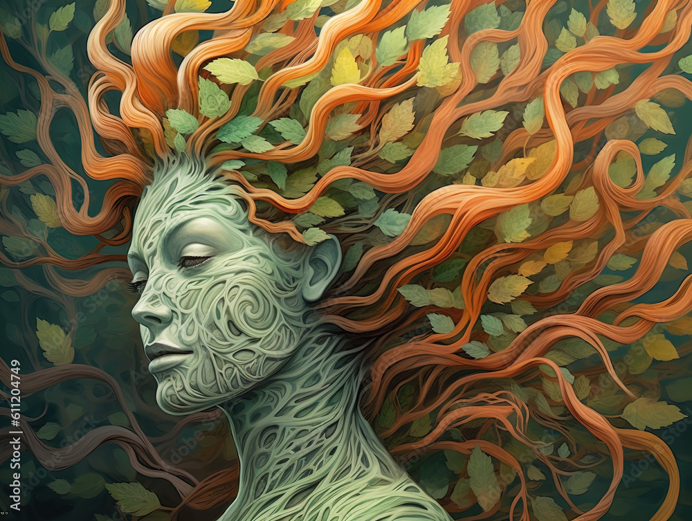 Painting of a Biomorphic Female Human Tree with Hair of Branches and ...