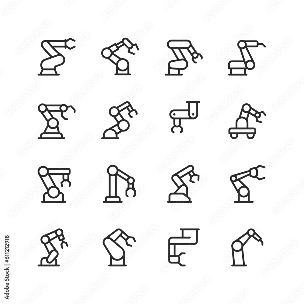 Industrial robot, linear style icons set. Mechanical hydraulic robot ...