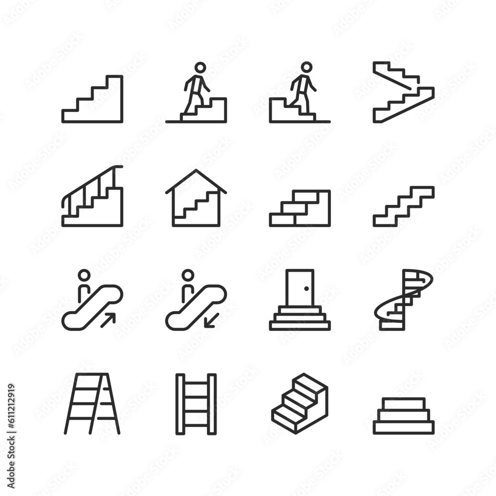 Steps, linear style icons set. Human climbing steps. Ladder. A ...