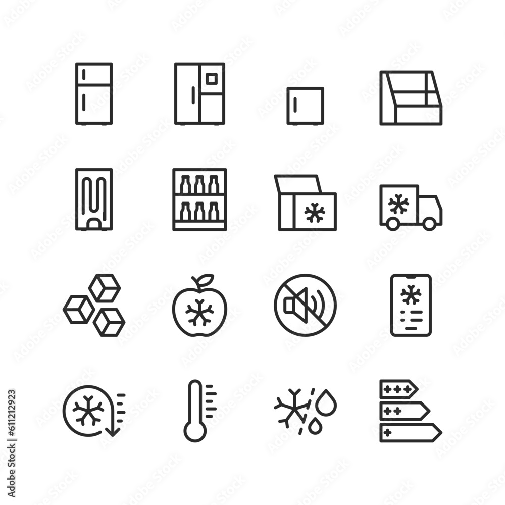 Refrigerator, linear style icons set. Food storage at low temperature ...