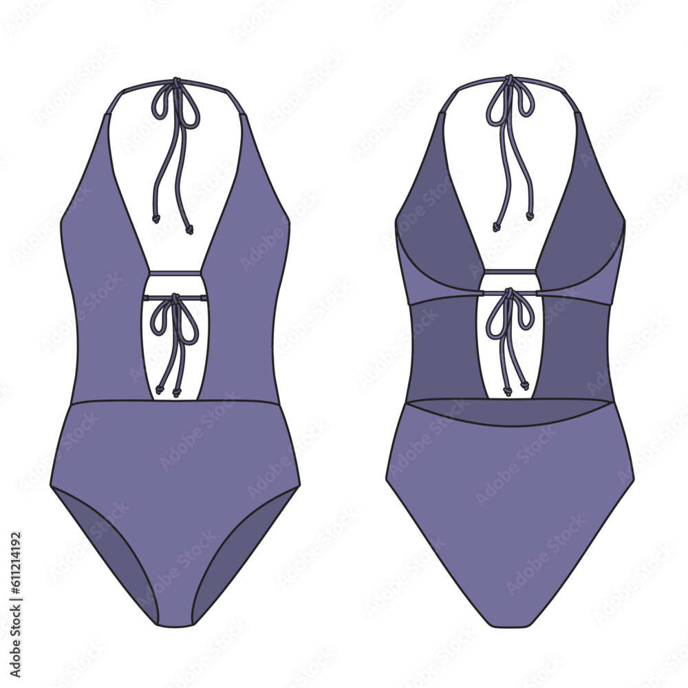 Plunge One Piece technical fashion flat. Swimsuit vector illustration ...