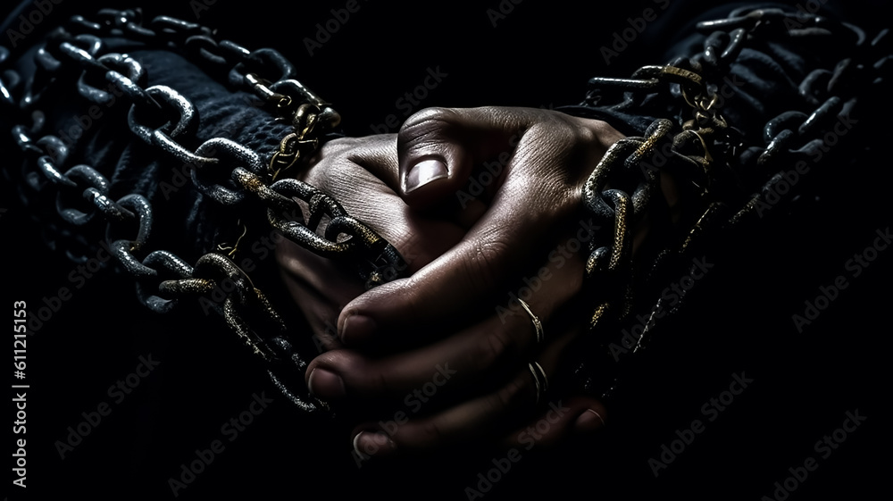 Tied hands in Metal chain, chain in hand, the chain wound on the hand ...