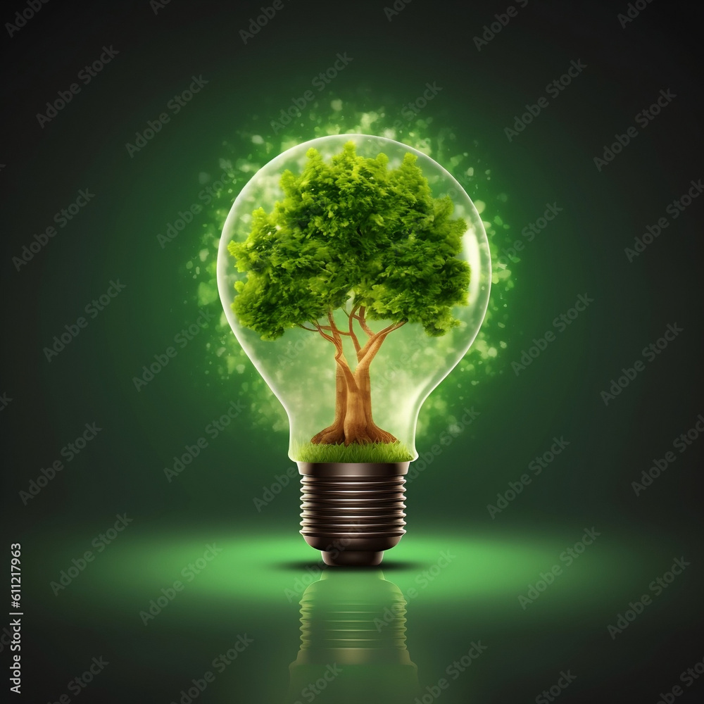 Light bulb with green tree inside with energy resources icon. Electricity and energy saving ...
