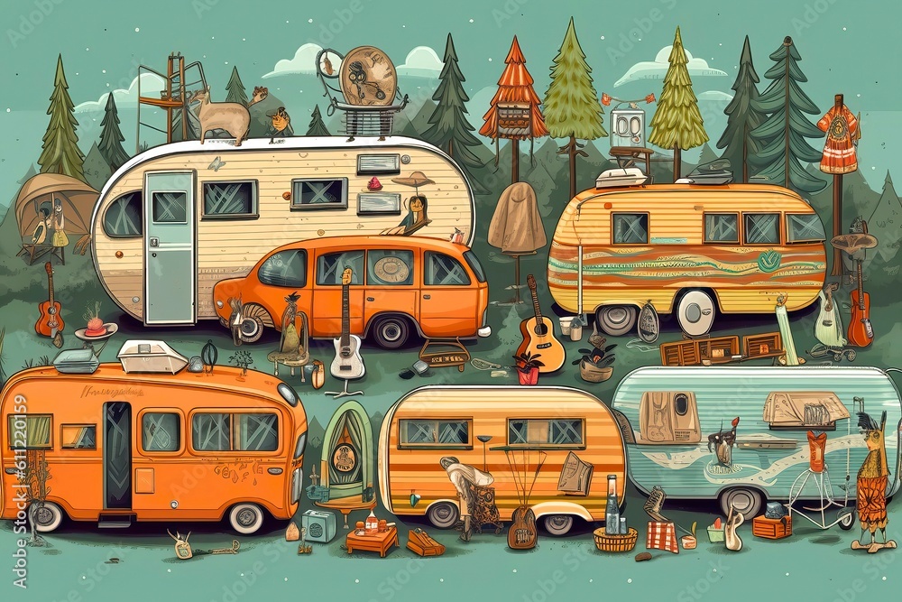 Camper van illustration. Caravan illustration. Generative AI Stock ...