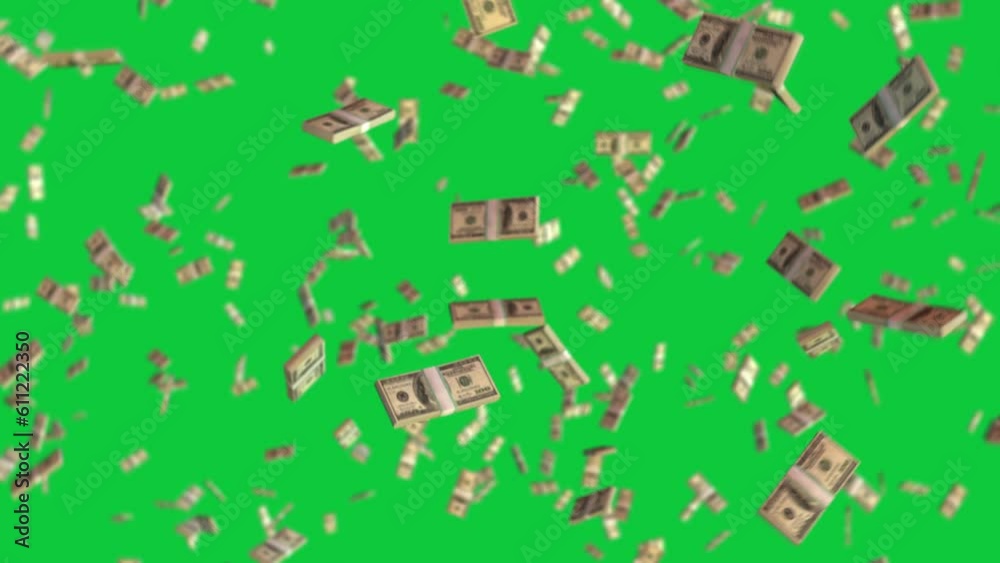 100 Dollar Bill Stacks Falling From Sky on Green Screen Background - 3D ...