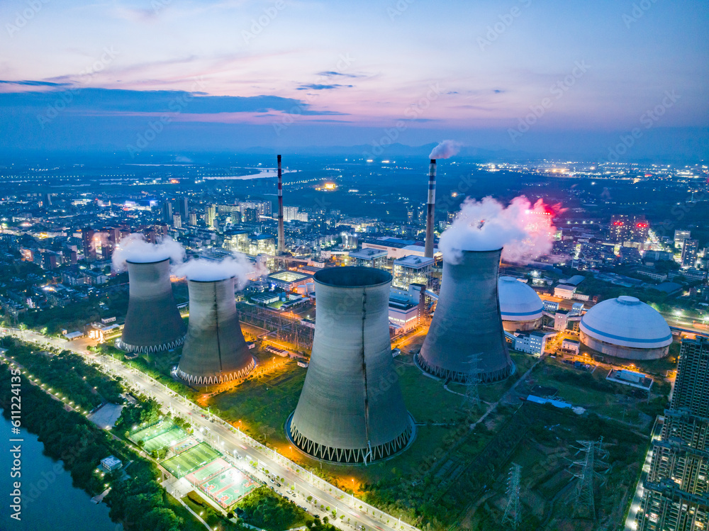 Photo & Art Print Thermal power plant night view, cooling tower, hrui