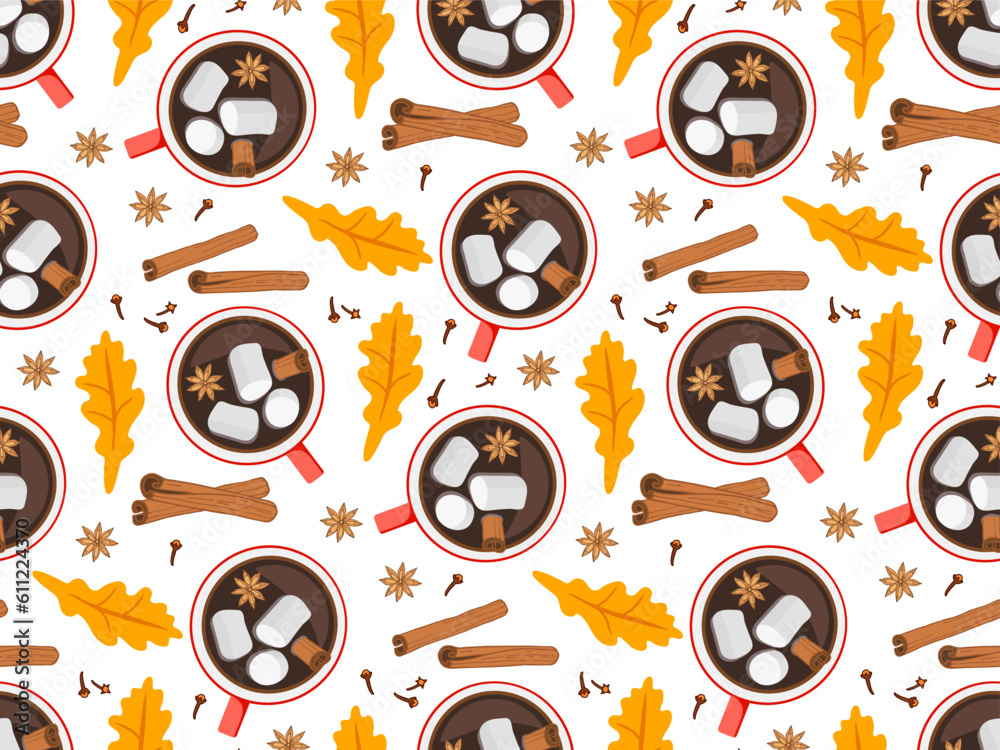 Seamless Hot chocolate pattern. Warm beverage mug with marshmallows ...