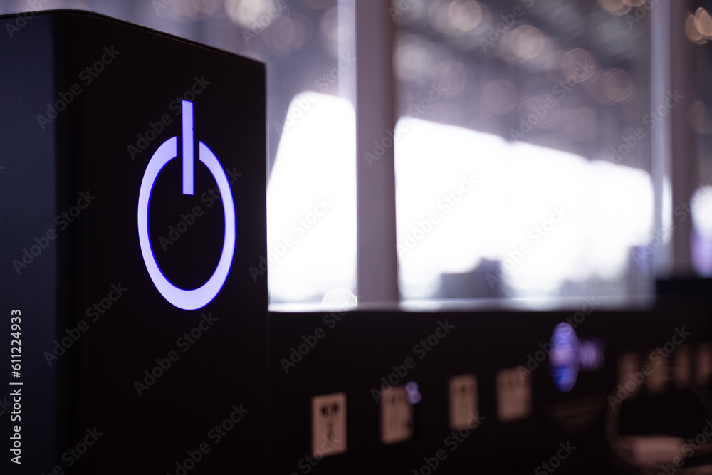 Power button, hardware device concept. bokeh light background Stock ...