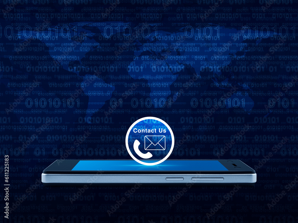 Telephone and email icon on modern smart mobile phone screen over world ...