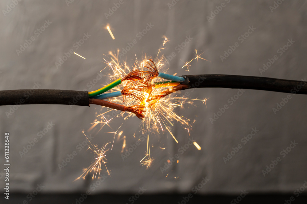 sparks explosion between electrical cables, fire hazard concept foto de ...
