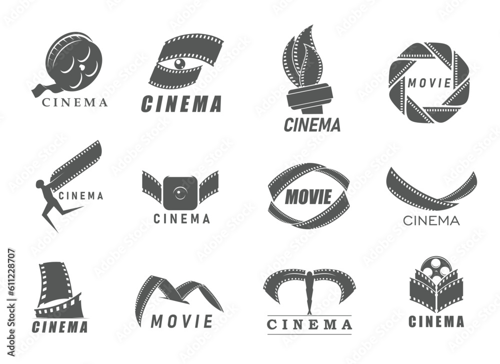 Poster Cinema icons, movie film strip vector symbols for cinematograph ...
