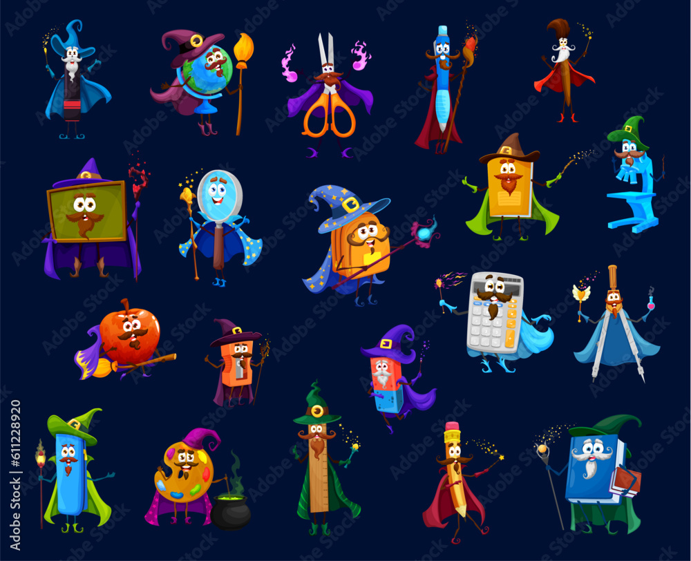 Vetor de Cartoon Halloween stationery wizard, warlock, mage, sorcerer ...