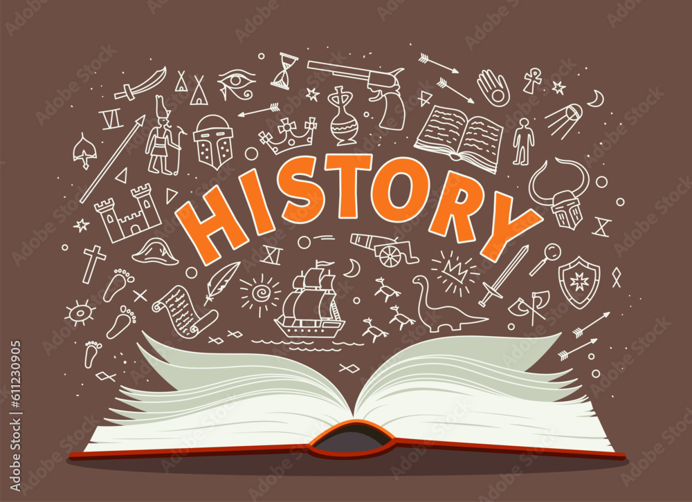 History textbook, school book and doodle symbols on chalkboard, vector ...