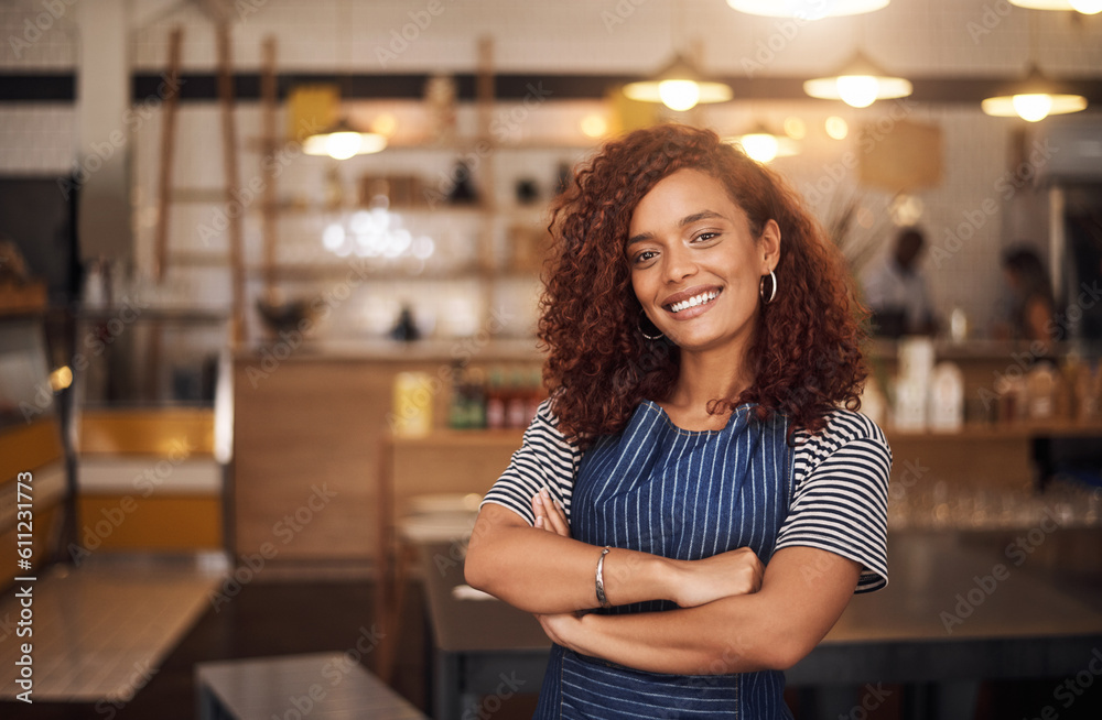 Coffee shop, happy barista and portrait of woman in cafe for service ...