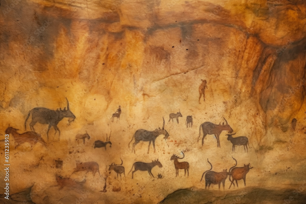 Prehistoric Rock Paintings Of Cavemen Of The Stone Age As A Background ...