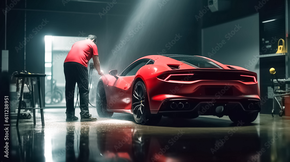 Adult Car Detailer in Uniform Washing a Red Sports Car with a High ...