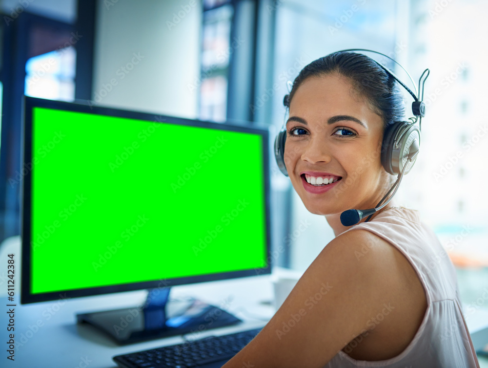 Happy woman, call center and green screen on computer for telemarketing ...