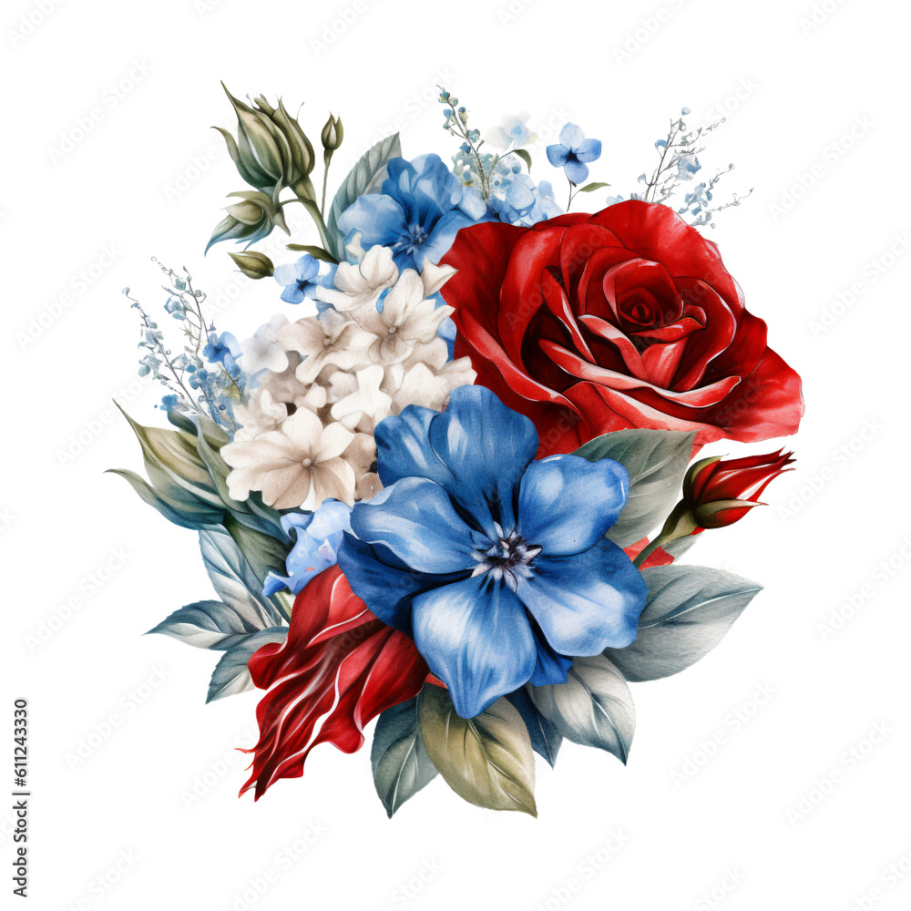 4th of July Flowers Sublimation, 4th of July Watercolor Clipart. Red ...