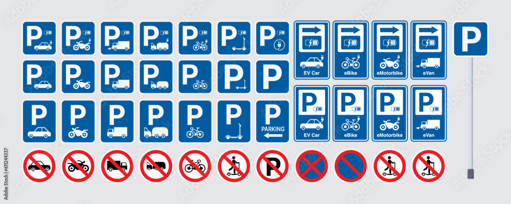 Vector sets of parking bays and no parking sign board guidance. Letter ...