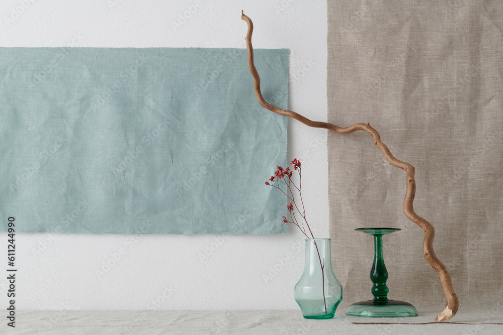 Horizontal shot of minimalistic still life installation with glassware ...