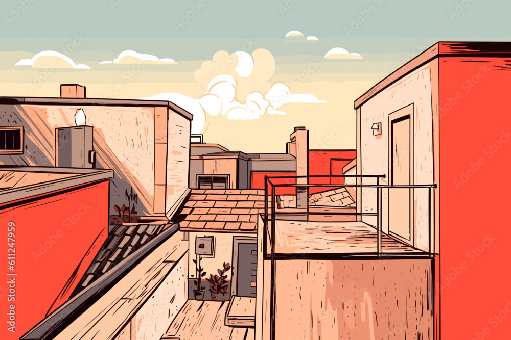 Doodle inspired inside of rooftop, cartoon sticker, sketch, vector ...