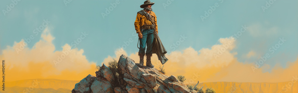 A gritty digital painting of a prospector standing on top of a mountain ...