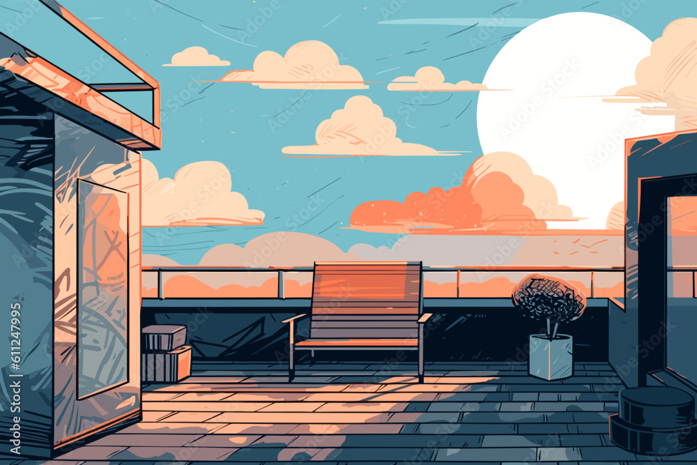 Doodle inspired inside of rooftop, cartoon sticker, sketch, vector ...