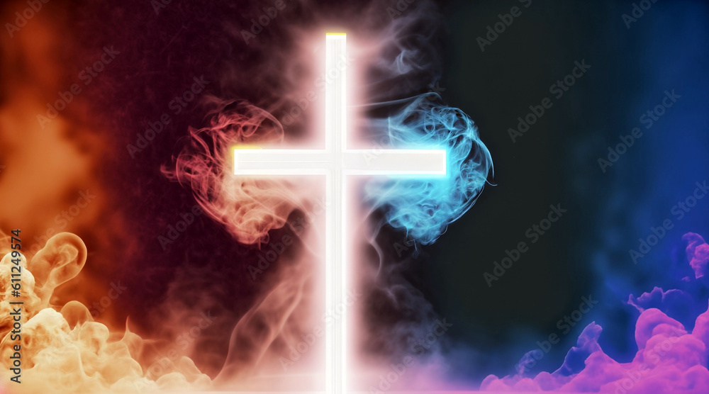 3d rendering holy cross with smoke and neon glowing effect Stock ...