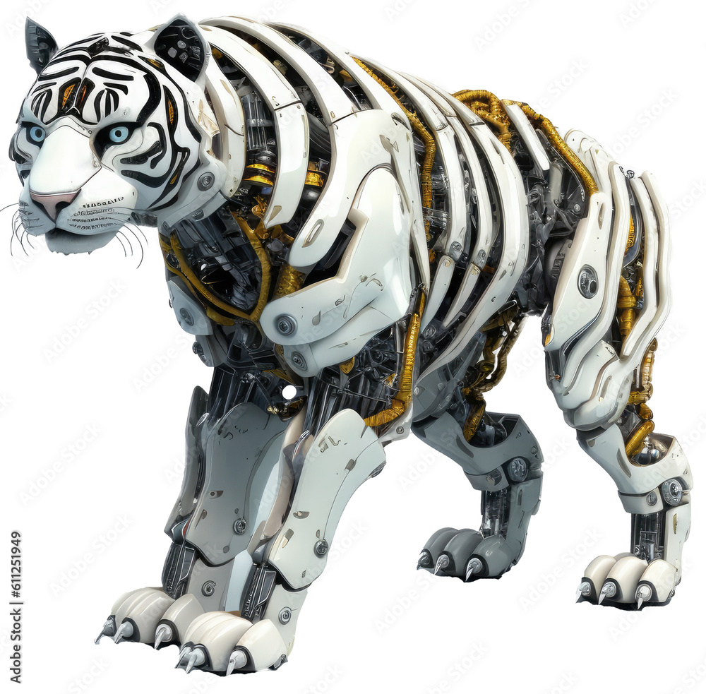 white robot tiger isolated on a transparent background, generative AI ...