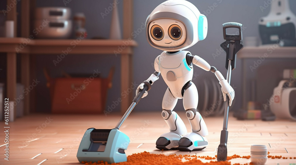 3D rendering of a cleaning robot worker cleaning the floor with a ...