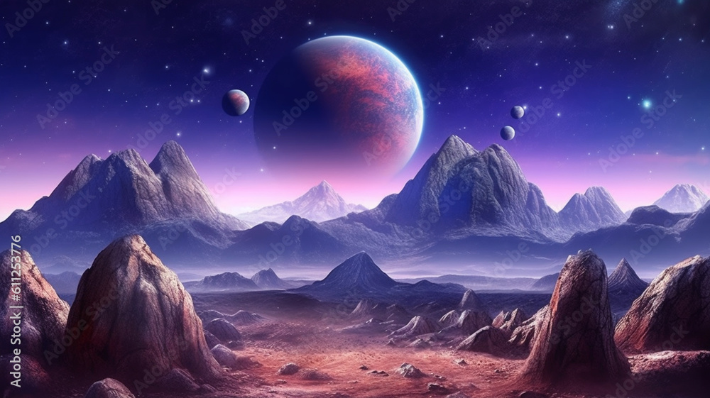 Cosmic background, alien planet deserted landscape with mountains ...