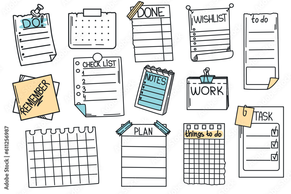 Doodle hand drawing set of memo paper sheets, wishlist, to do list ...