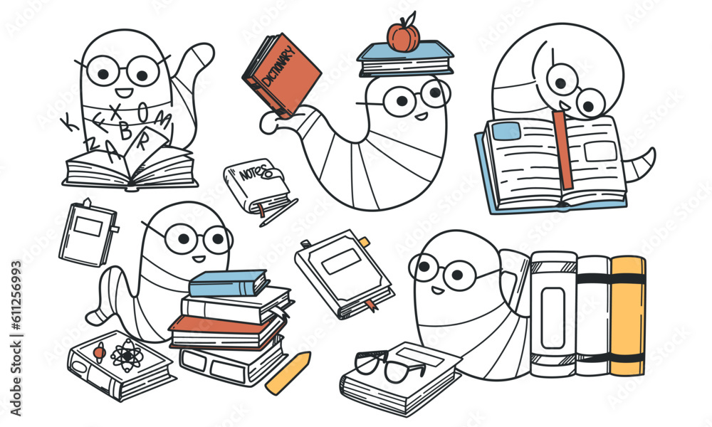Hand drawn funny bookworms doodle set. Smiling worms in glasses on ...