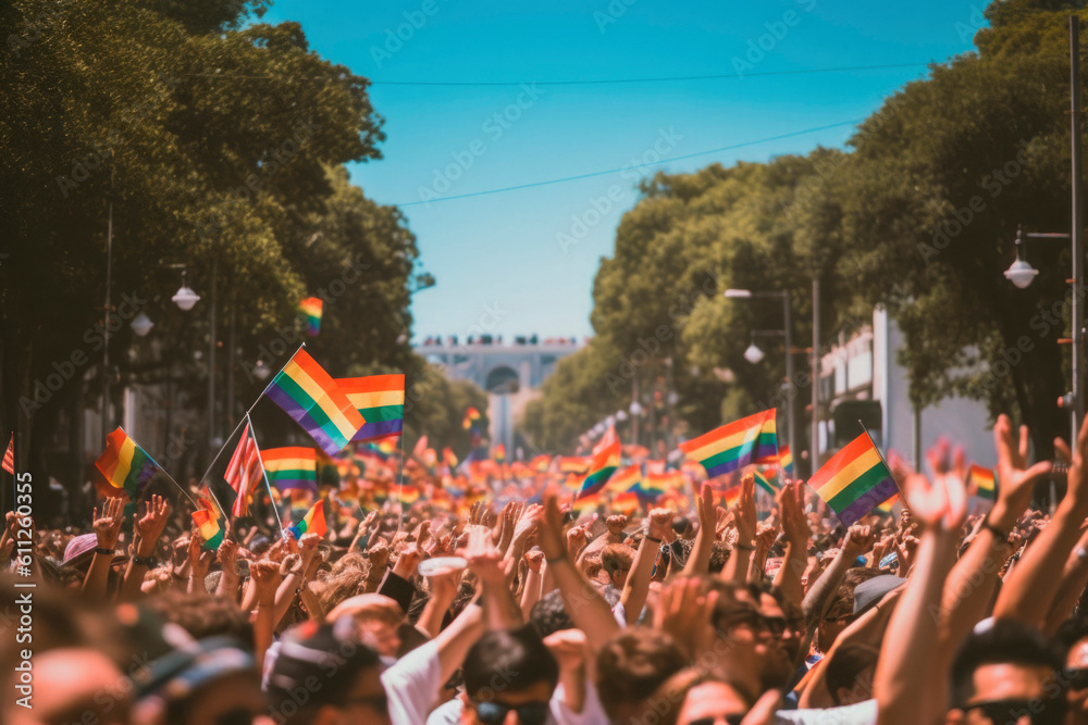 AI generated closeup rainbow flags of LGBT community blowing in wind at ...