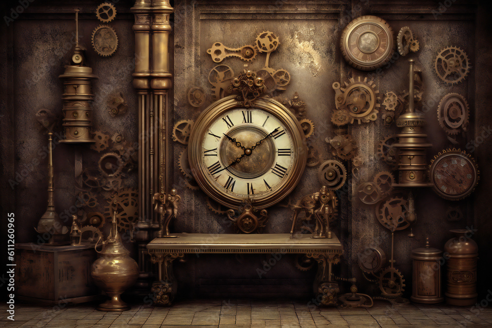 Retro clock mechanism steampunk style. 3D illustration digital art ...