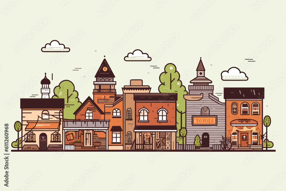 Vetor de Doodle inspired inside of frontier town, cartoon sticker ...