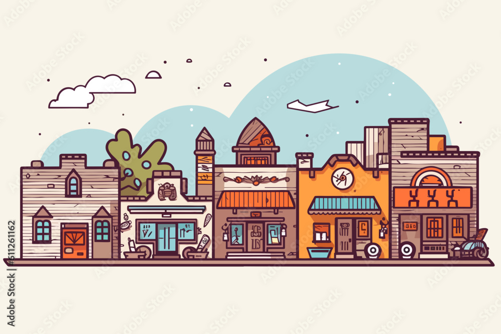 Vetor de Doodle inspired inside of frontier town, cartoon sticker ...