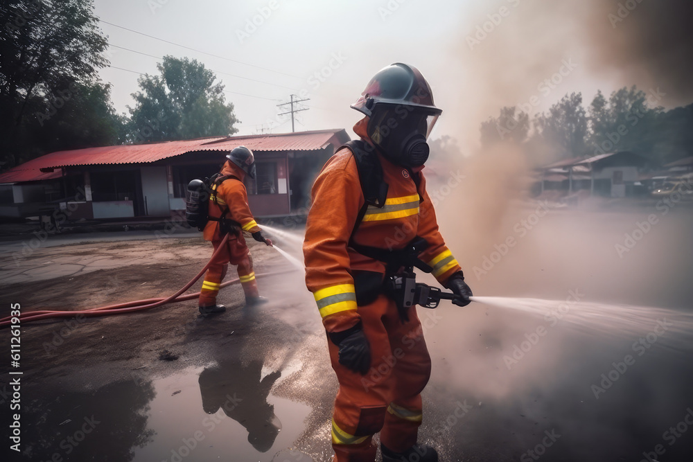 firefighter training., fireman using water and extinguisher to fighting ...