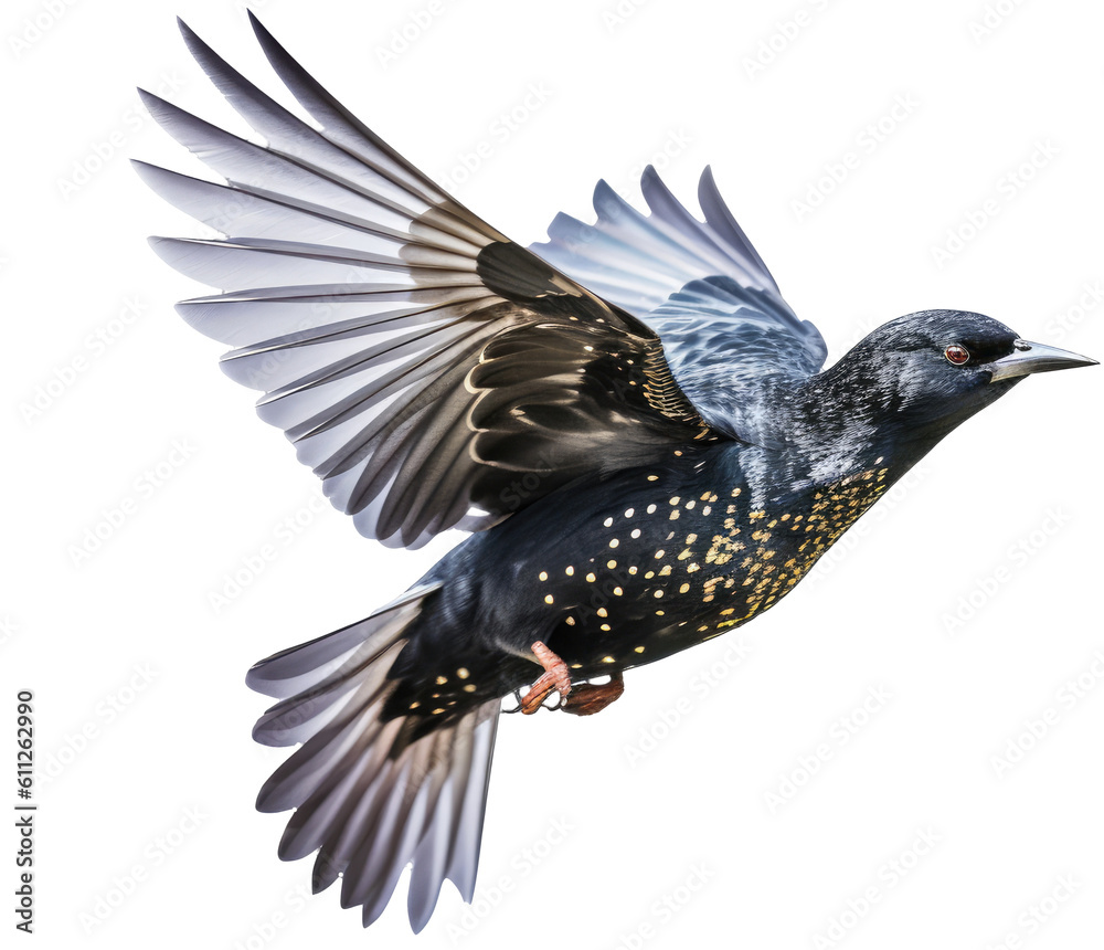 Flying starling bird isolated on white background as transparent PNG ...